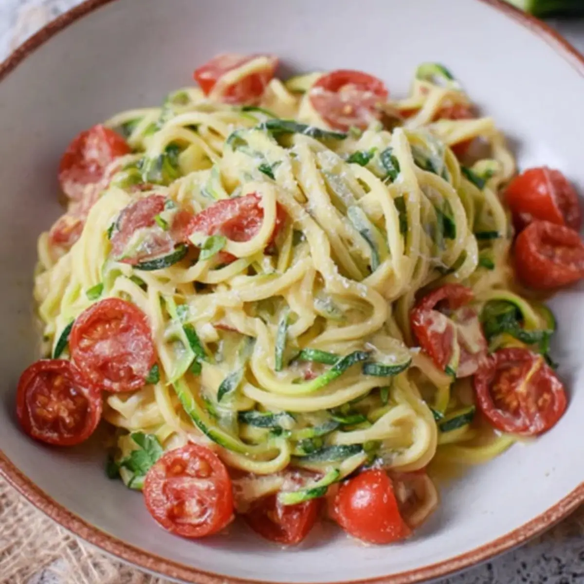 Zucchini-Spaghetti mit Frischkäsesoße und Tomaten - Kochkomplizin